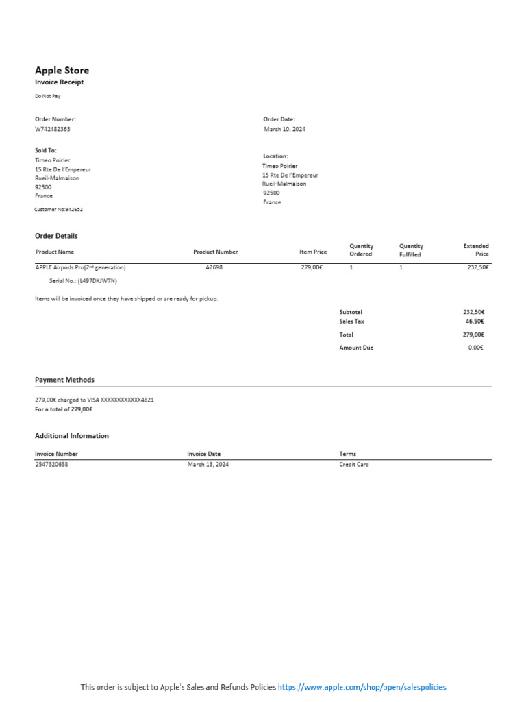 Facture Apple Airpods Pro 22 | PDF