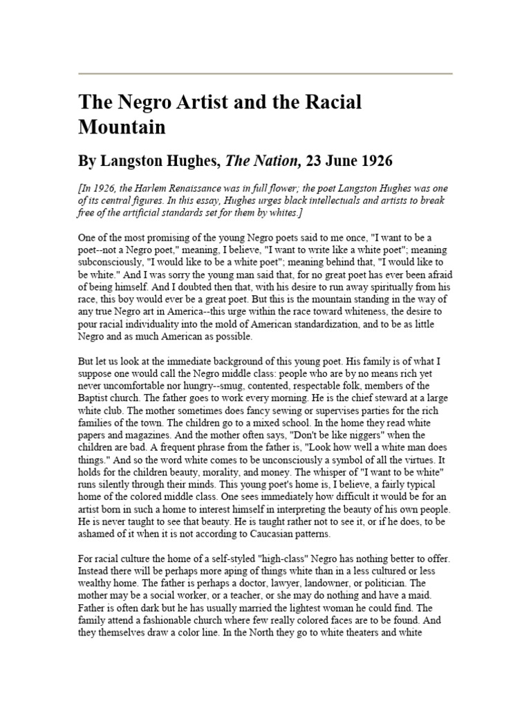 Langston Hughes 22the - Negro Artist and The Racial Mountain22 | PDF