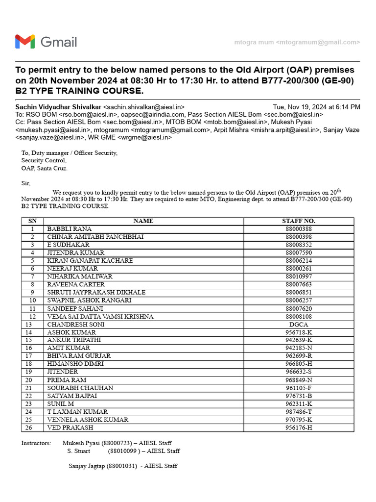 To Permit Entry To The Below Named Persons To The Old Airport (OAP ...