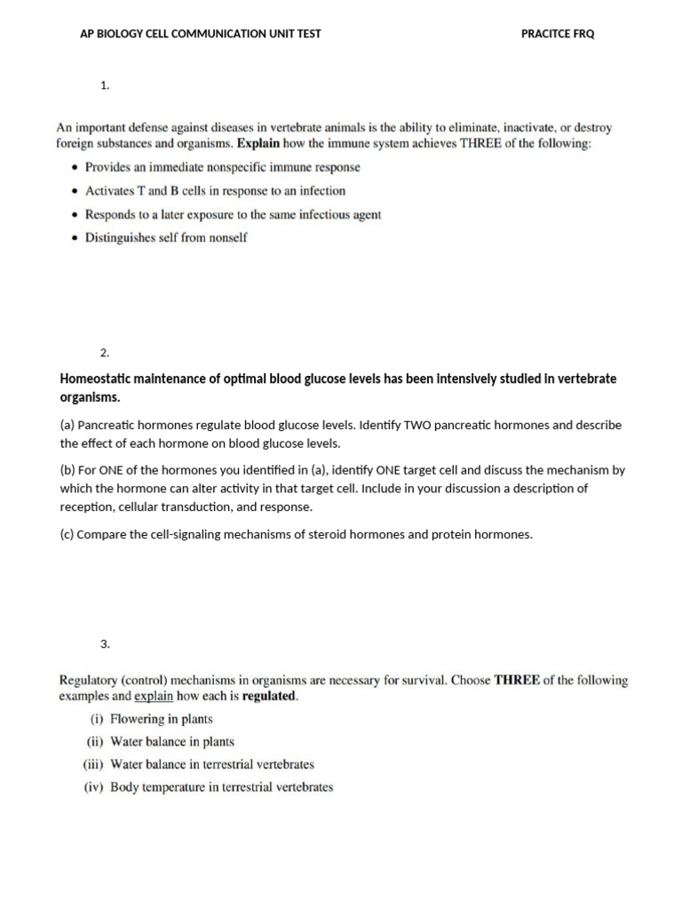 AP Biology Cell Communication Unit Test Pracitce FRQ | PDF