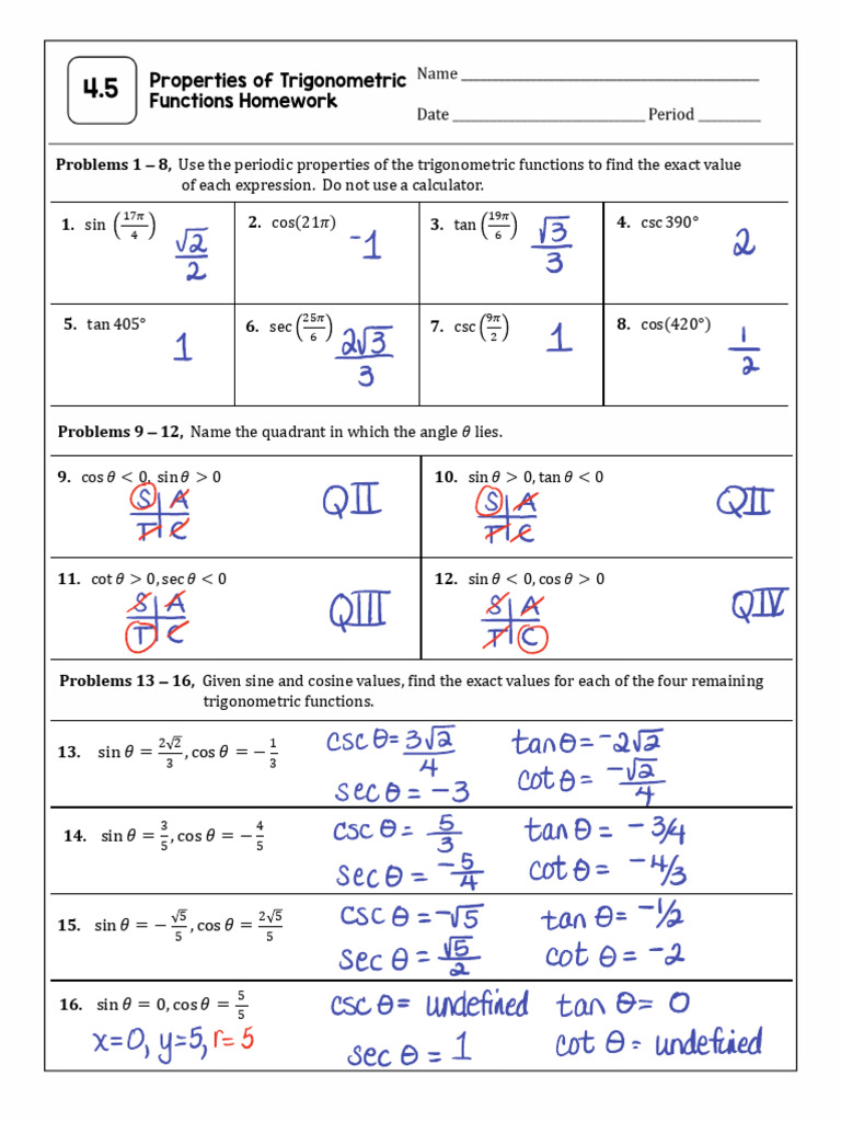 Practice 4.5-Properties Trigonometric Functions Key | PDF Practice 4.5-Properties Trigonometric Functions Key | PDF