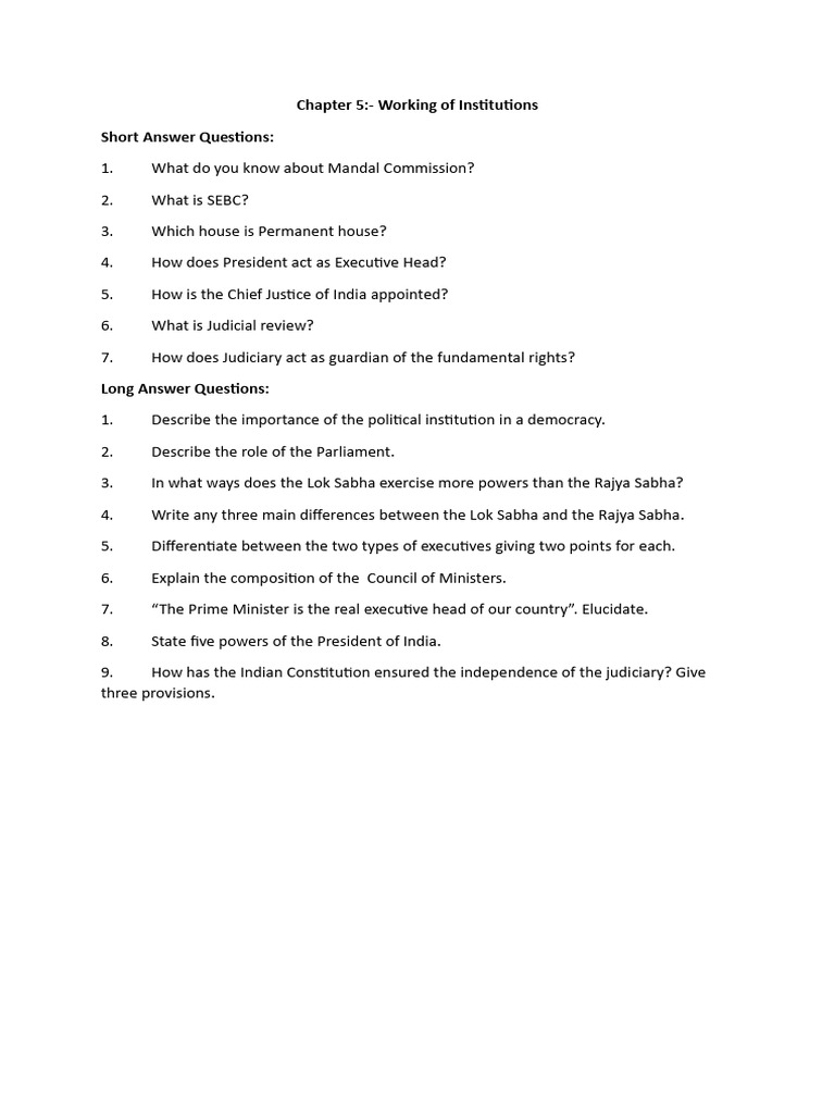 QB Working of Institutions Class 9 | PDF