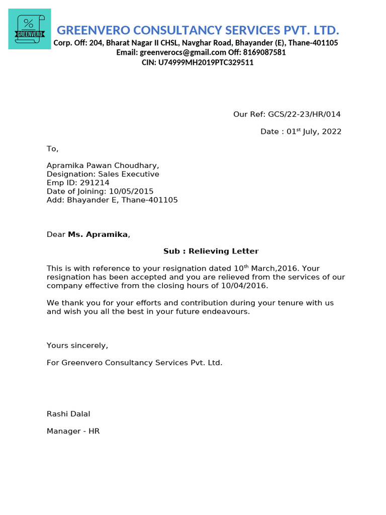 Job Relieving Letter Format 1 | PDF