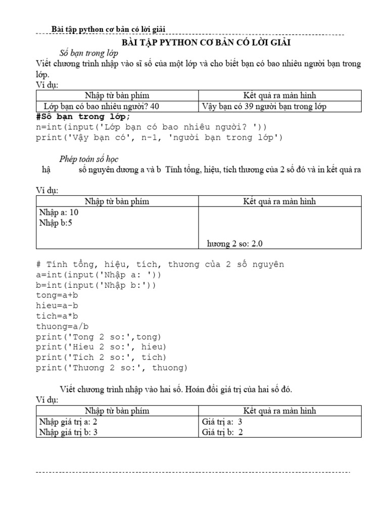 100 BÀI TẬP PYTHON CƠ BẢN | PDF