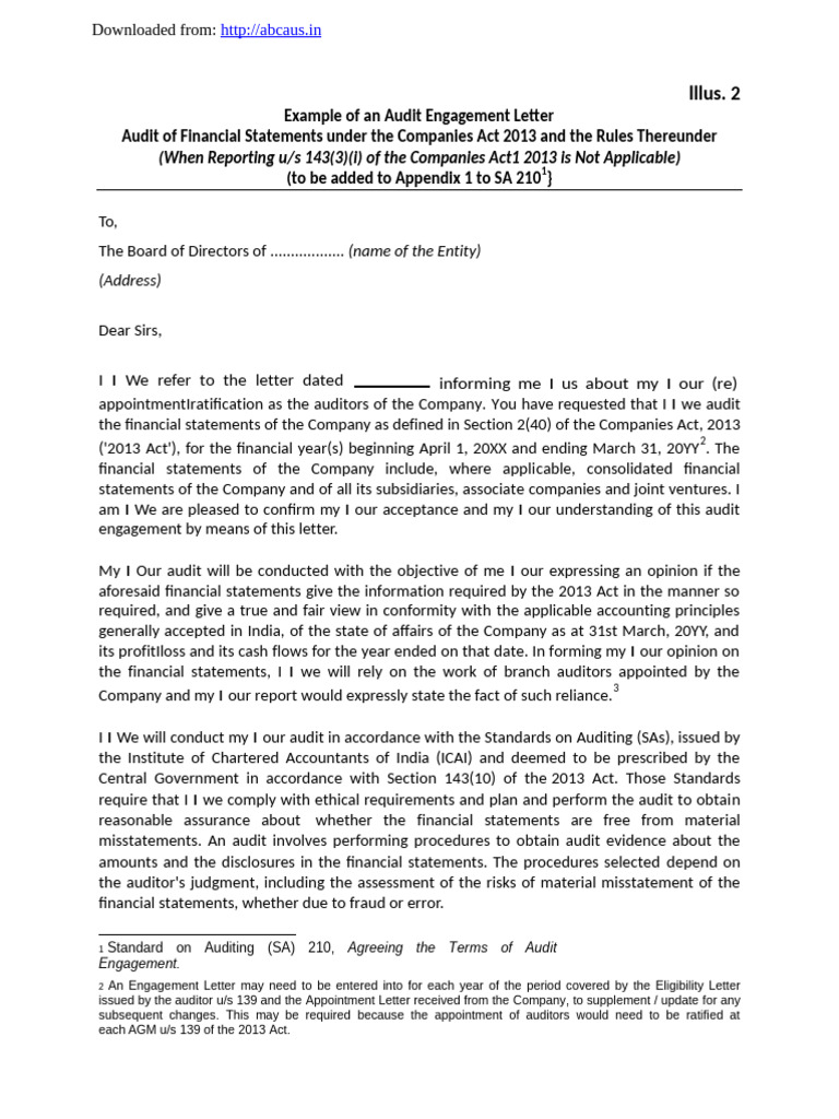 Audit Engagement Letter Template | PDF | Audit | Internal Control