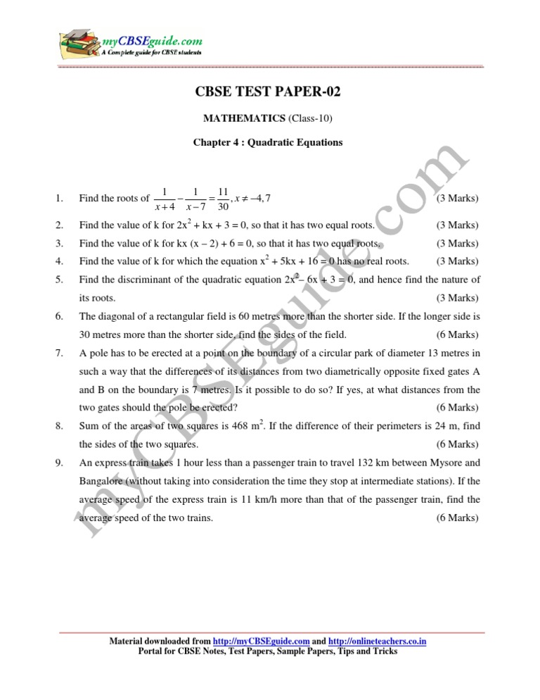 Class 10 Quadratic Equations Test Paper | PDF