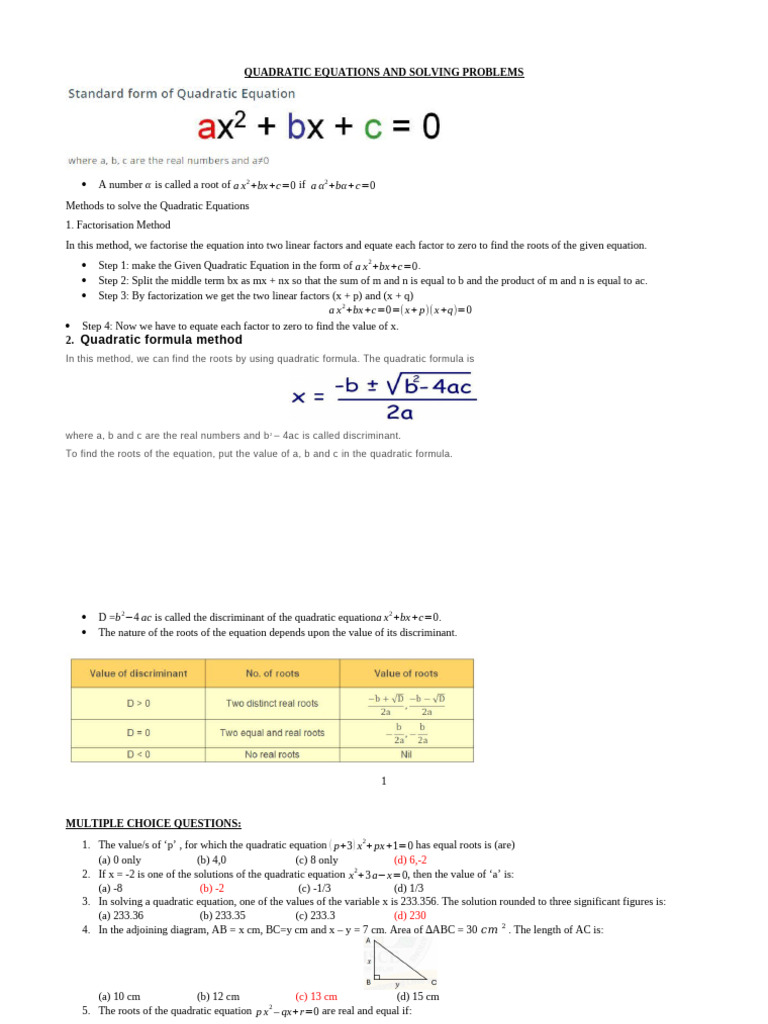 Quadratic Equation, Solving Problems | PDF | Quadratic Equation | Factorization