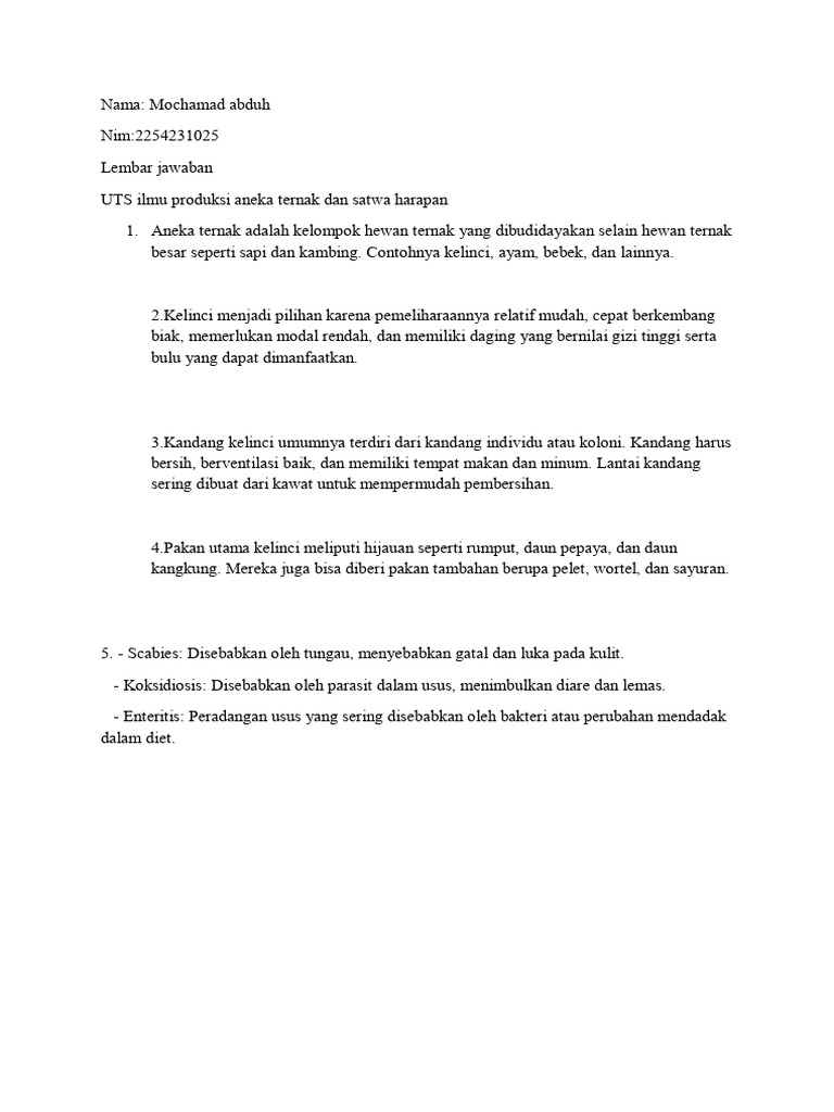 Uts ilmu produksi aneka ternak dan satwa harapan _mochammad abduh_2254231025 | PDF