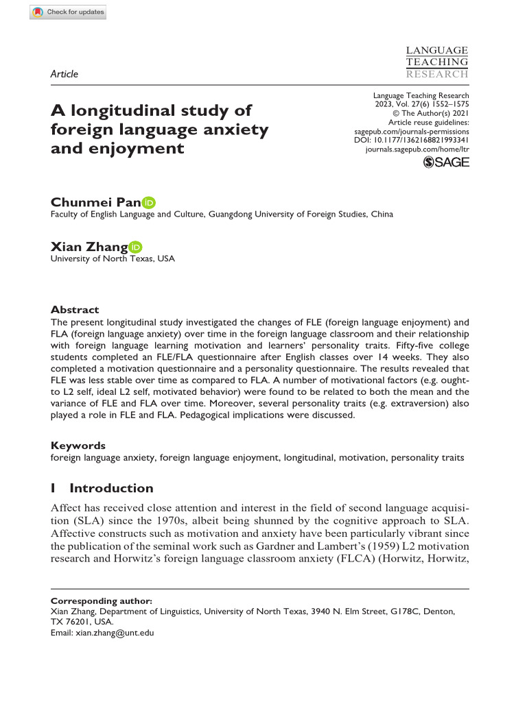 Pan Zhang 2021 A Longitudinal Study of Foreign Language Anxiety and ...