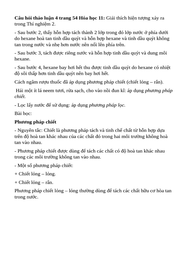 Câu hỏi thảo luận 4 trang 54 Hóa học 11:: phương pháp chiết. phương pháp lọc | PDF