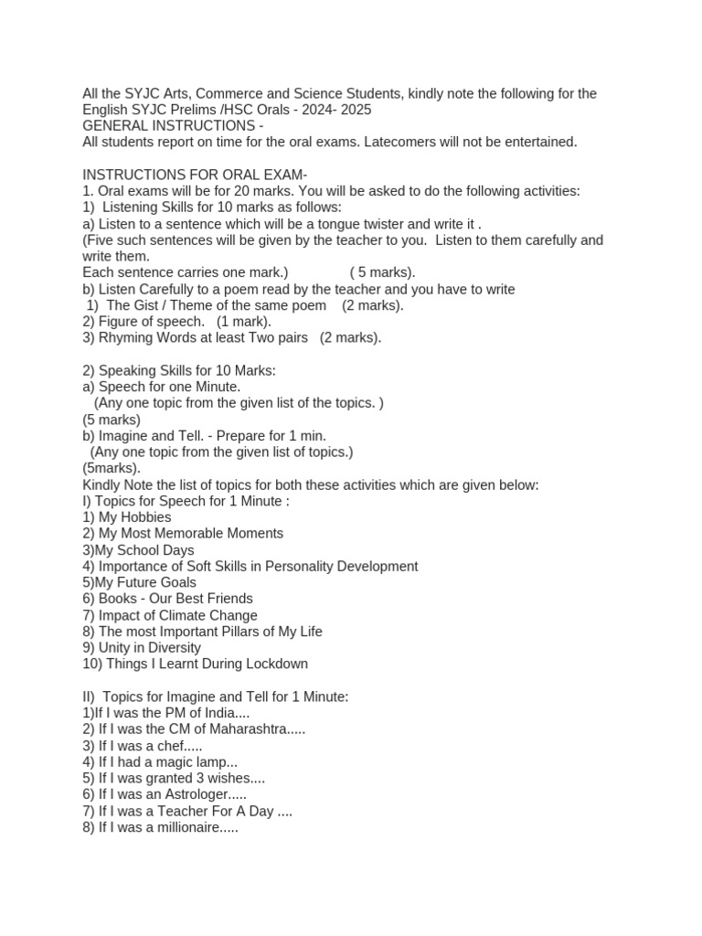 Instructions for Syjc Prelims and HSC Orals | PDF