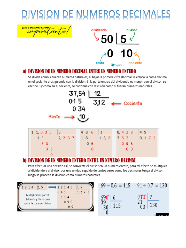Division de Un Numero Decimal Entre Un Numero Entero | PDF
