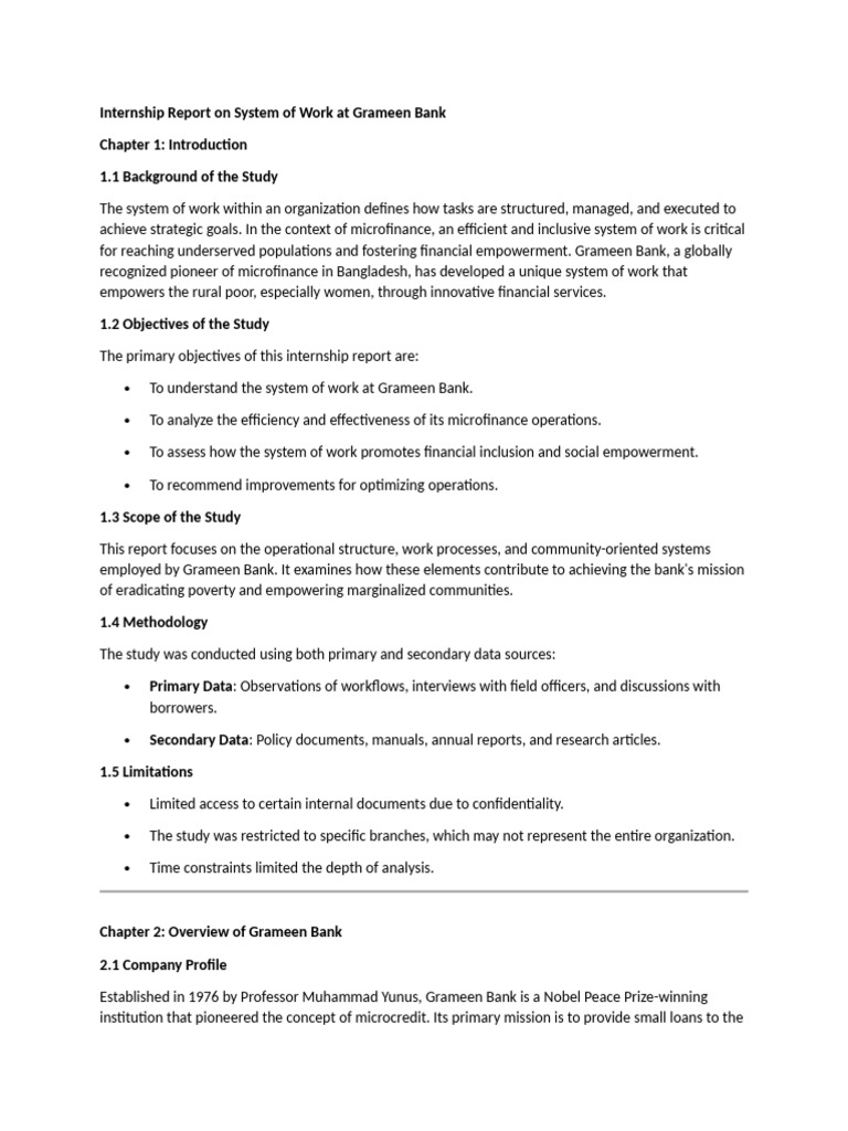 Internship Report On System of Work at Grameen Bank | PDF | Grameen Bank | Microfinance