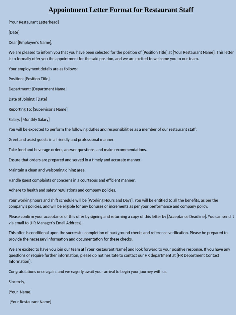 Appointment Letter Format For Restaurant Staff | PDF