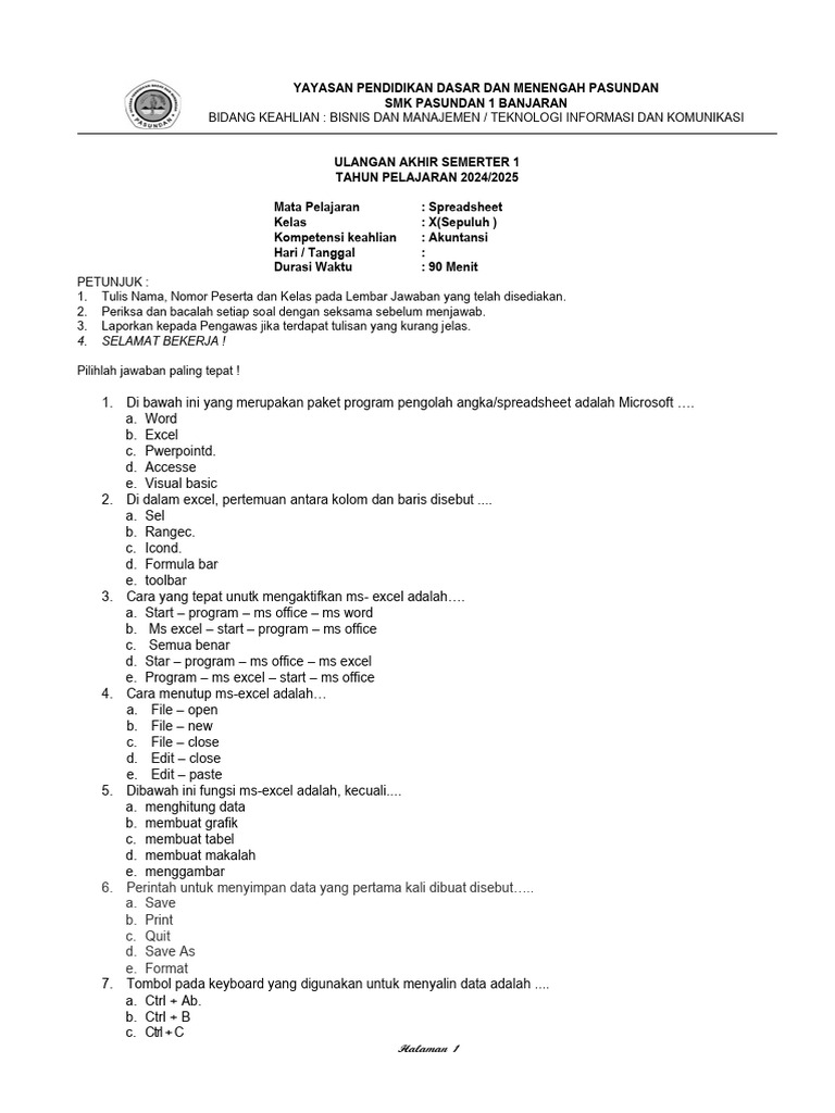 Saya Sedang Berbagi 'SOAL SAS 1 SPREADSHEET X AK' Dengan Anda | PDF