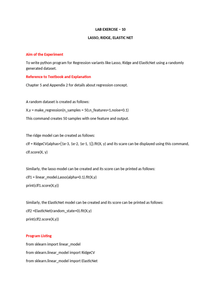 Python Regression: Lasso, Ridge, ElasticNet | PDF | Coefficient Of ...