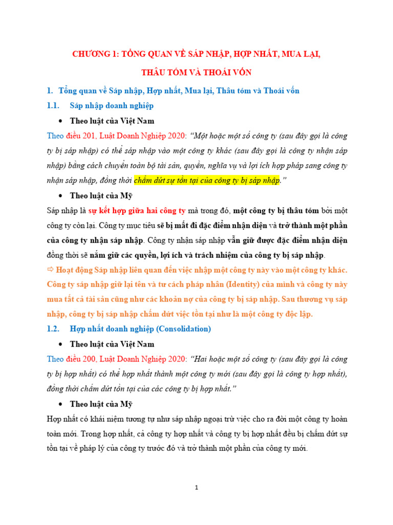Chương 1: Tổ Ề Ậ Ợ Ấ Ạ Ố: 1. T ng quan v Sáp nh p, H pnh t, Mua l i, Thâu tóm và Thoái v n 1.1 ...