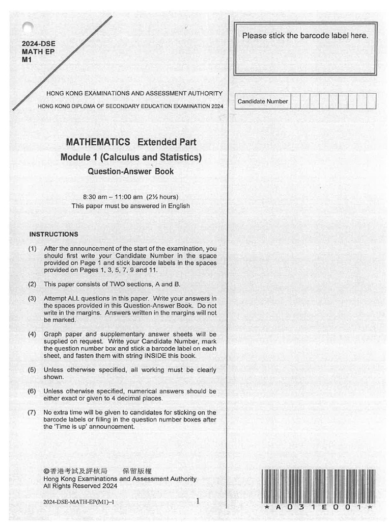 Math DSE 2024 M1 Paper | PDF