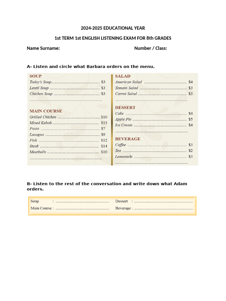 8th Grade English Listening Exam | PDF