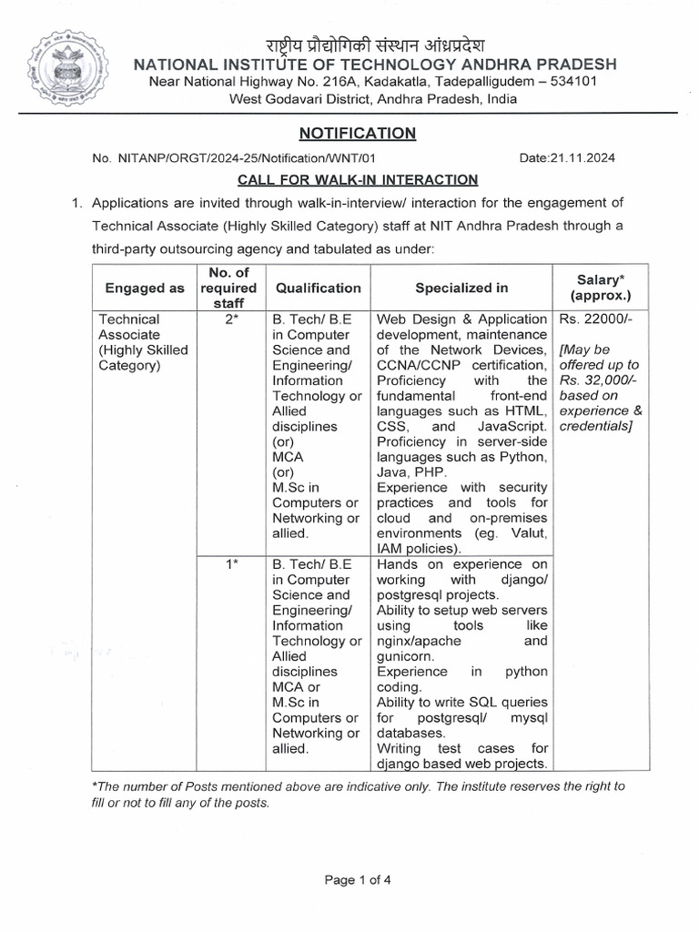 NIT Andhra Pradesh Recruitment 2024 Apply For 3 Technical Associate Posts Notification and ...