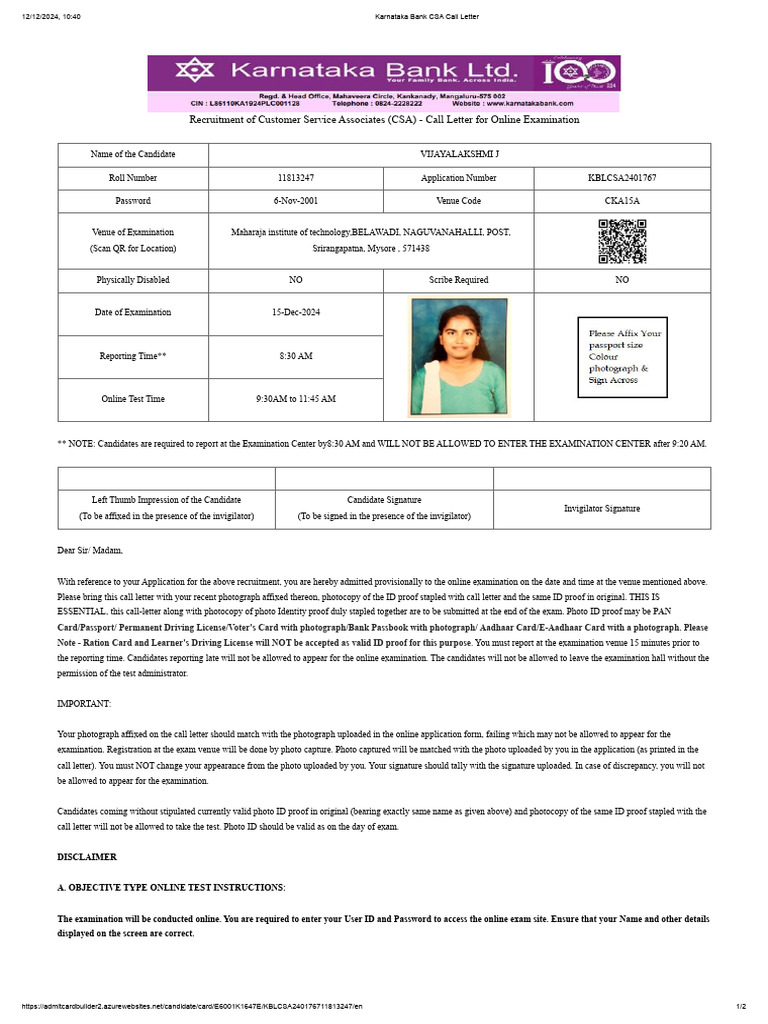 Karnataka Bank CSA Exam Call Letter | PDF