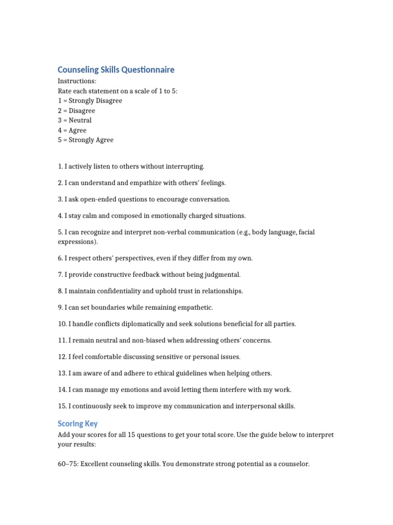 Counseling Skills Self-Assessment | PDF