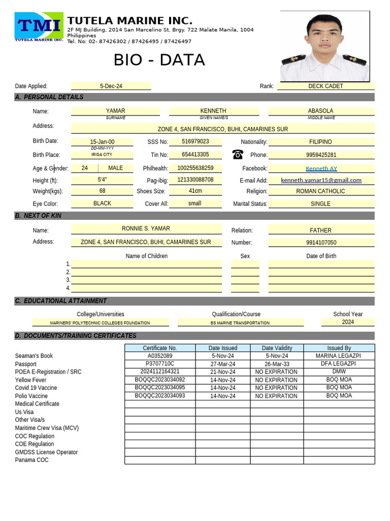 Biodata Blank Form - Yamar, Kenneth A. | PDF | Shipping