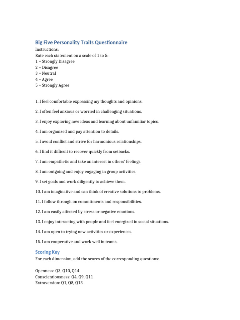 Big Five Personality Traits Assessment | PDF