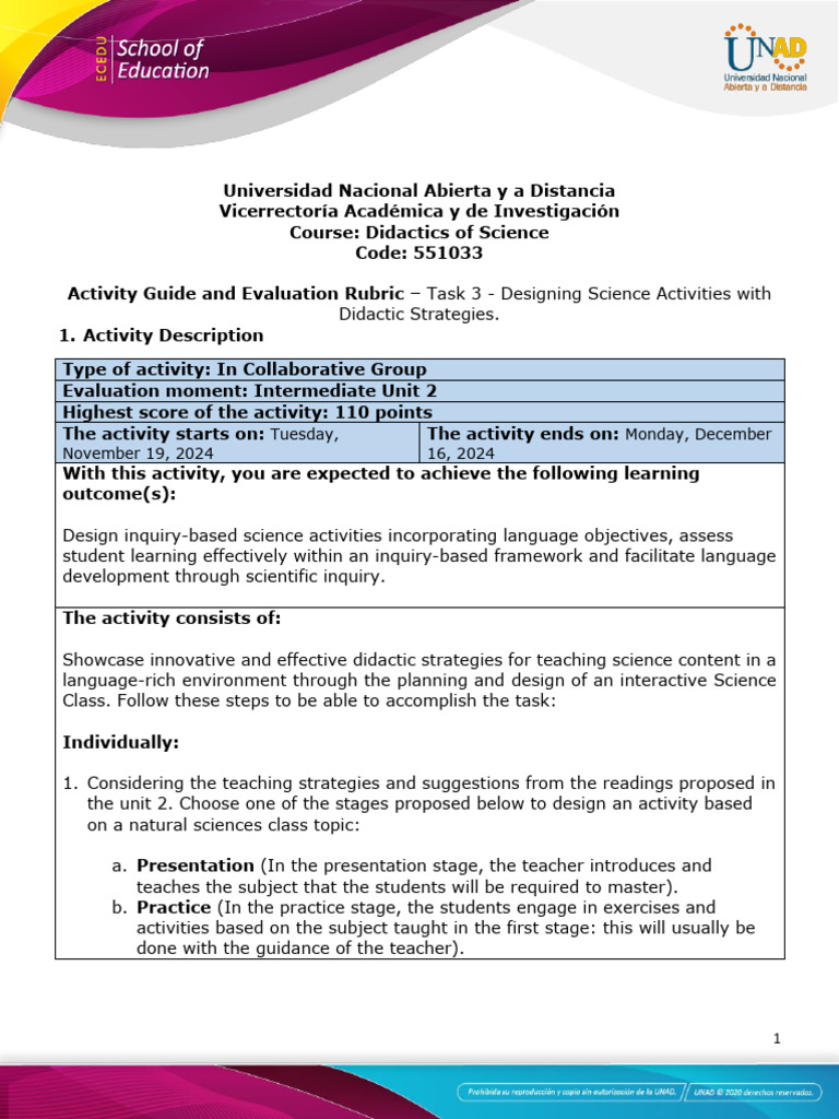 Activity Guide And Evaluation Rubric Unit 2 Task 3 Designing Science Activities With