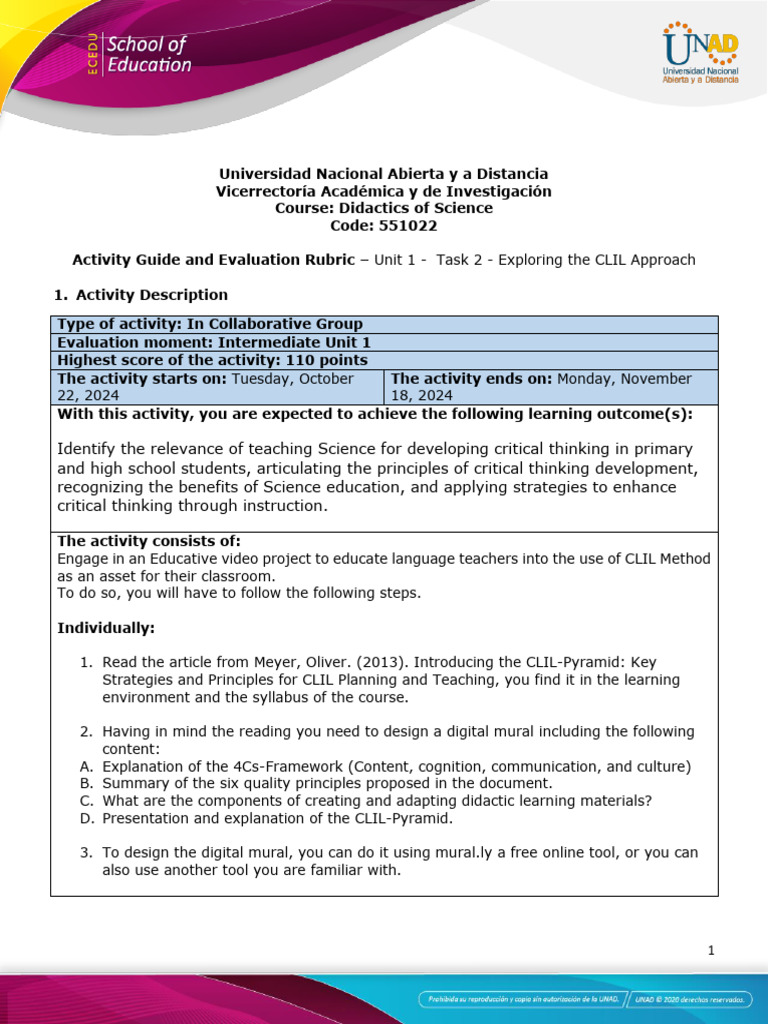 Activity Guide and Evaluation Rubric - Unit 1 - Task 2 - Exploring The CLIL Approach | PDF ...