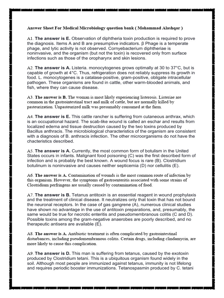 Answer Sheet For Medical Microbiology Question Bank | PDF ...