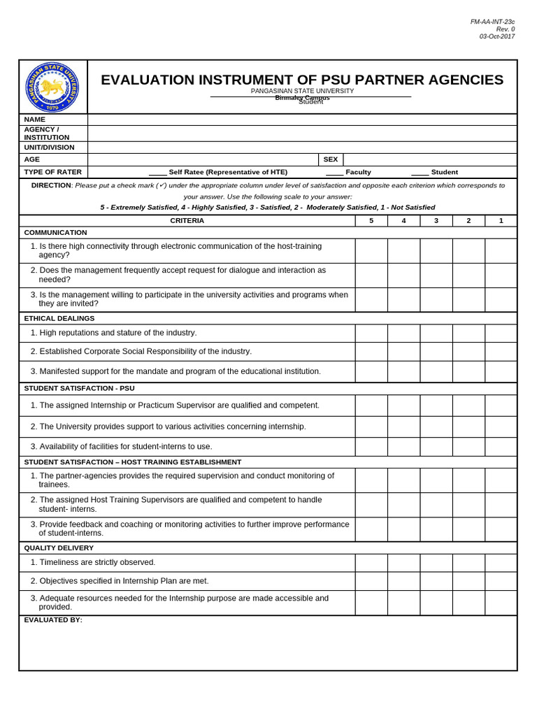 23c Evaluation Instrument of PSU Partner Agencies Student | PDF ...