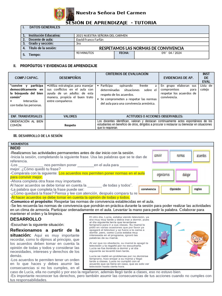 3ro-SESION-DE-TUTORIA-RESPETAMOS-LAS-NORMAS-DE-CONVIVENCIA 09-04 | PDF | Salón de clases ...