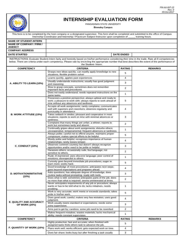 13 Internship Evaluation Form 1 | PDF | Hygiene | Psychological Concepts