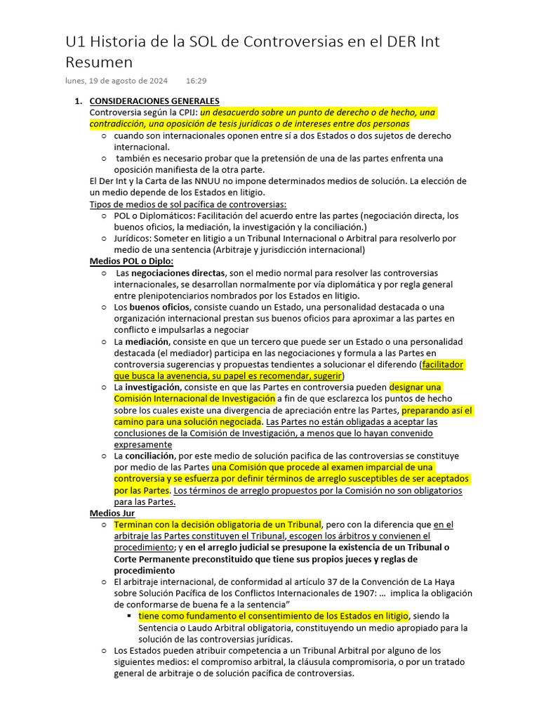 U1 Historia de la SOL de Controversias en el DER Int Resumen | PDF | Arbitraje | Naciones Unidas