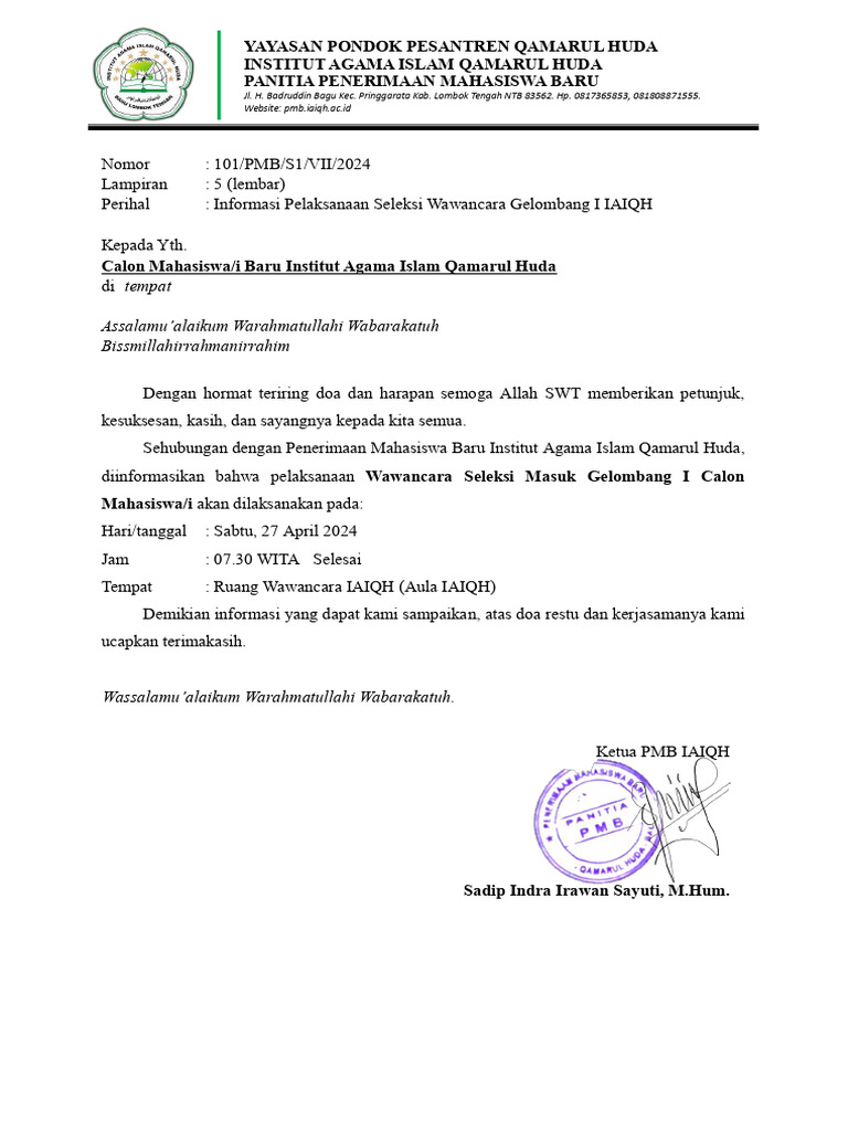 Seleksi Wawancara Mahasiswa IAIQH 2024 | PDF