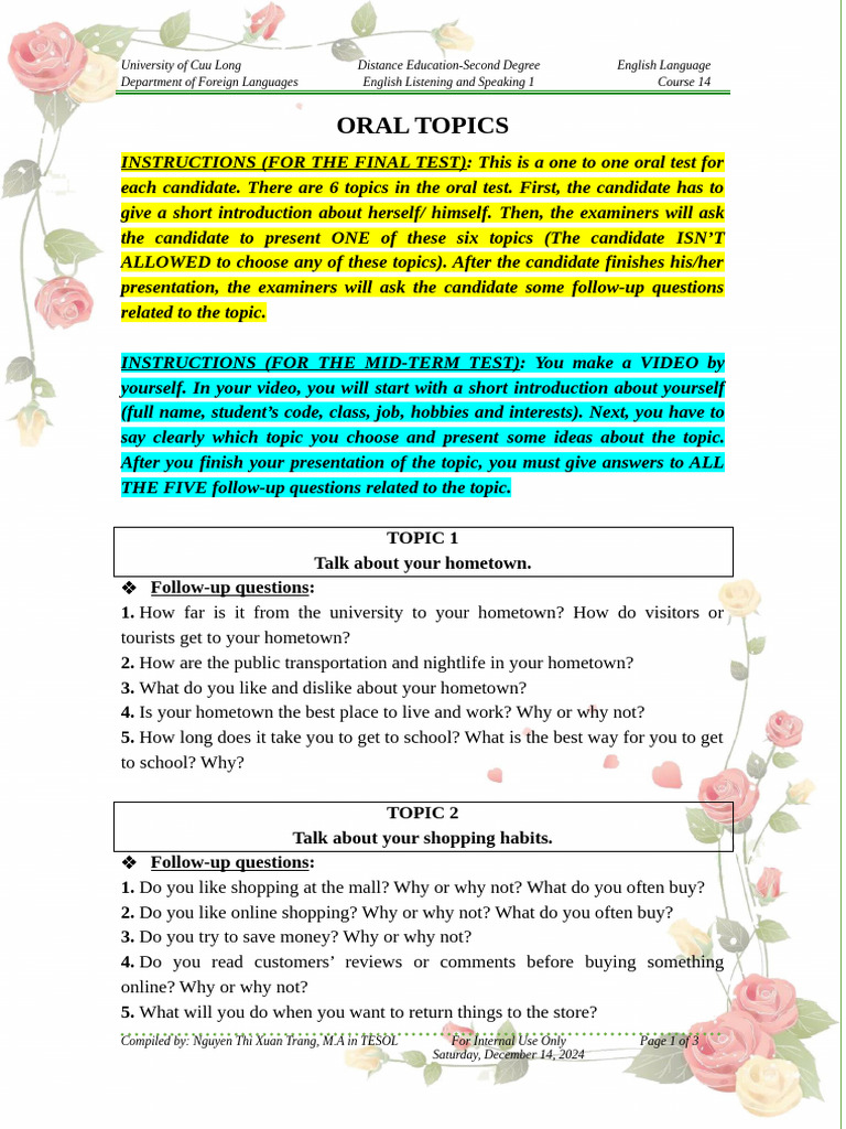 Oral Topics&Questions For The Mid-Term Test & Final Test | PDF