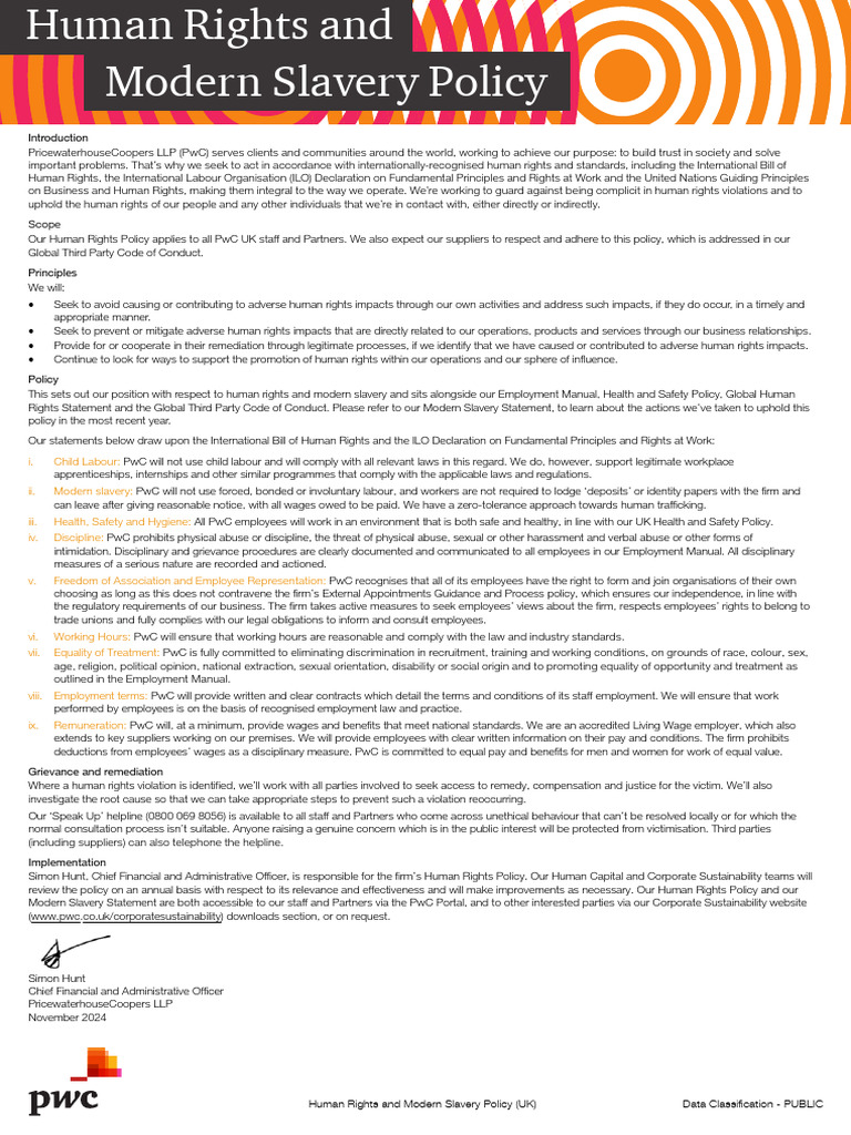 PWC Uk Human Rights and Modern Slavery Policy | PDF | Employment ...