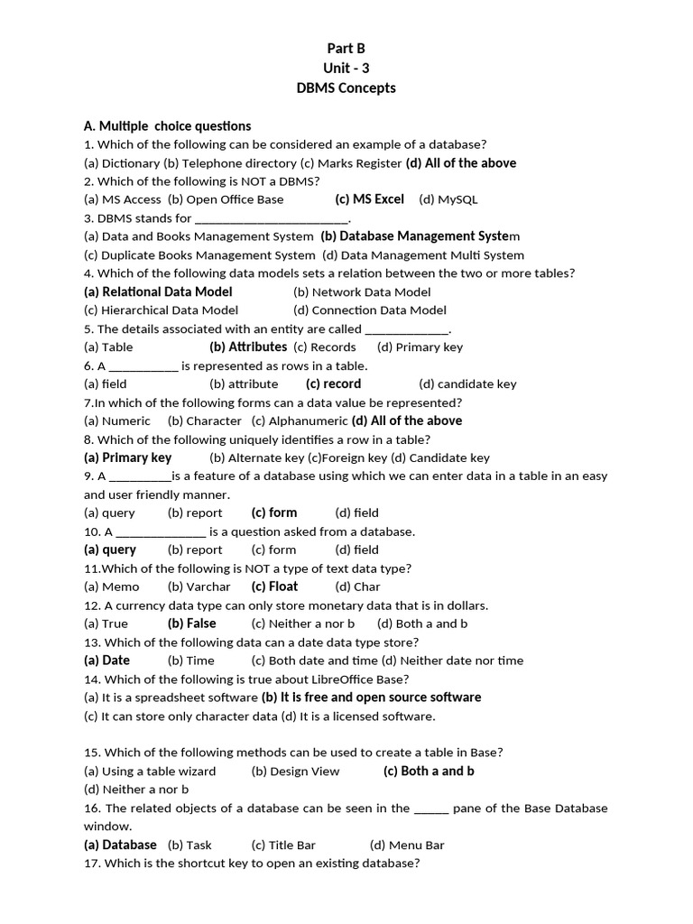 Part B Unit 3 DBMS Concepts MCQS and Q_A | PDF | Databases | Relational Model