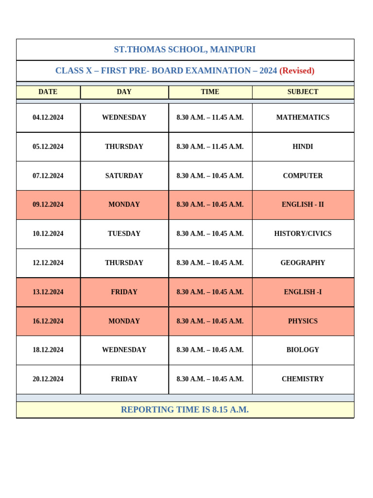 X - Revised First Pre-Board Time Table | PDF