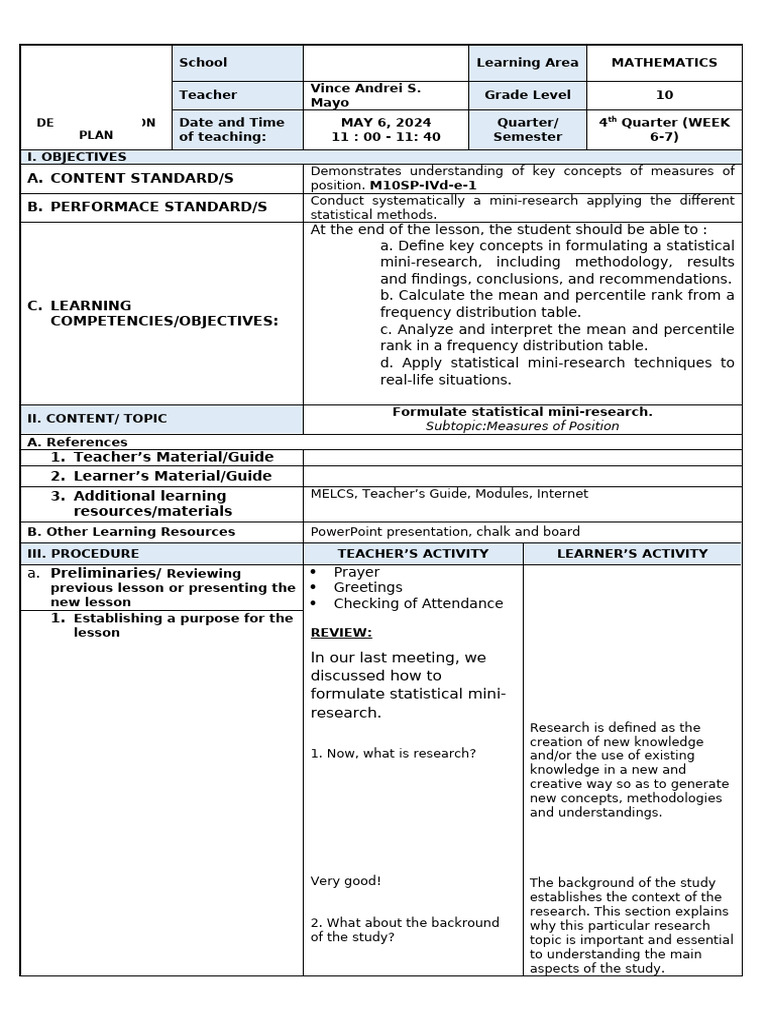 Mayo-Dlp-Formulate Statistical Mini-Research | PDF | Methodology | Learning