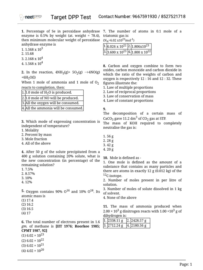 Some Basic Concepts of Chemistry Preparatory Test | PDF | Mole (Unit ...