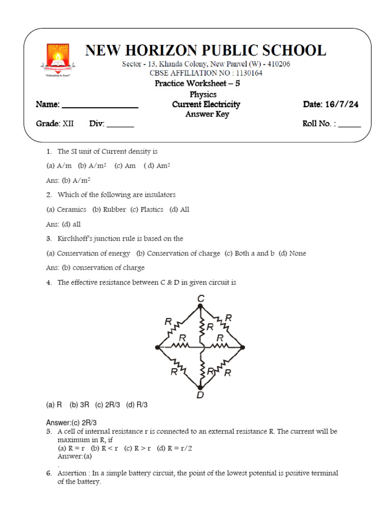 Worksheet 5 - Current Electricity Answer Key | PDF | Electrical ...