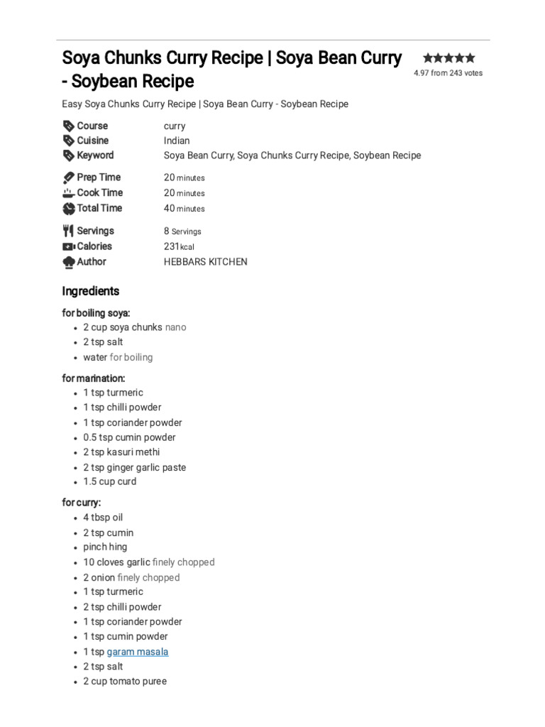 Easy Indian Soya Chunks Curry Recipe | PDF | Curry | Fat