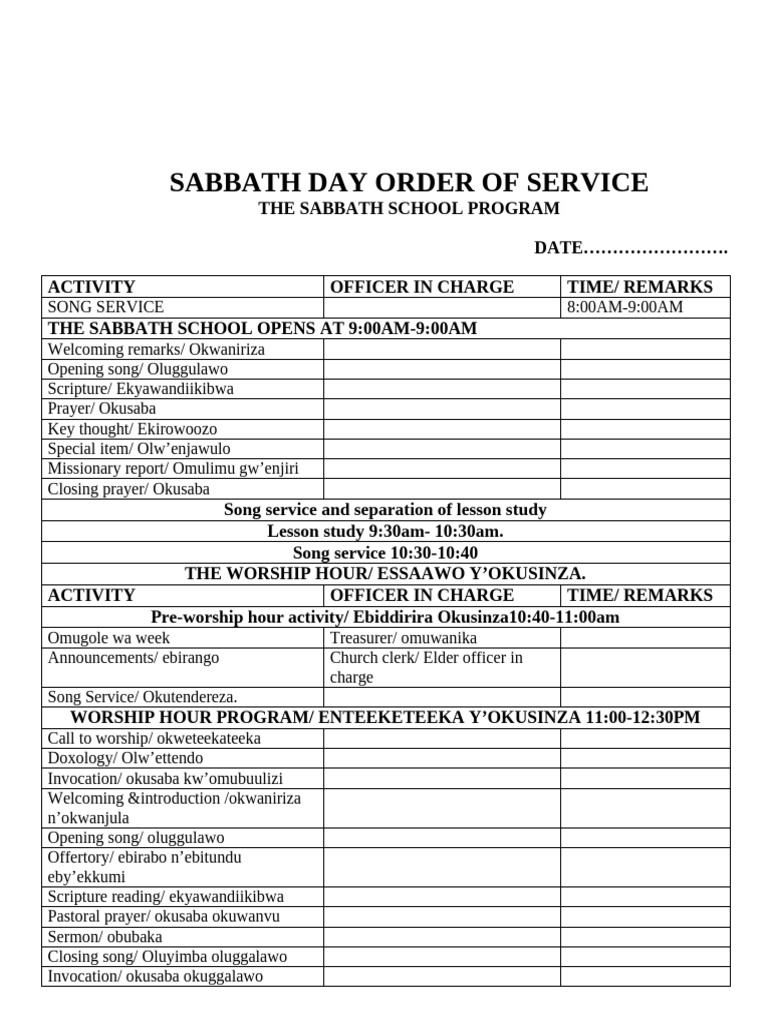 Sabbath Day Order of Service The Sabbath School Program | PDF
