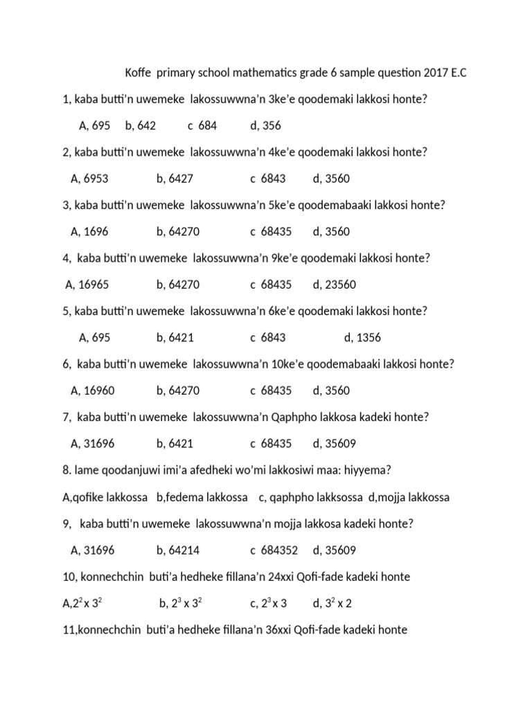 Koffe Primary School Mathematics Grade 6 Sample Question N | PDF