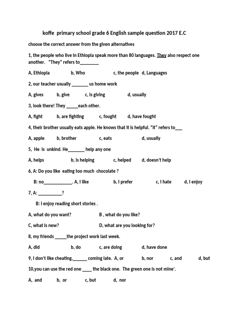 Koffe Primary School Grade 6 English Sample Question 2017 E | PDF