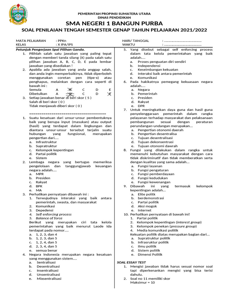 1654307249395_SOAL PTS Genap PPKN KELAS X | PDF
