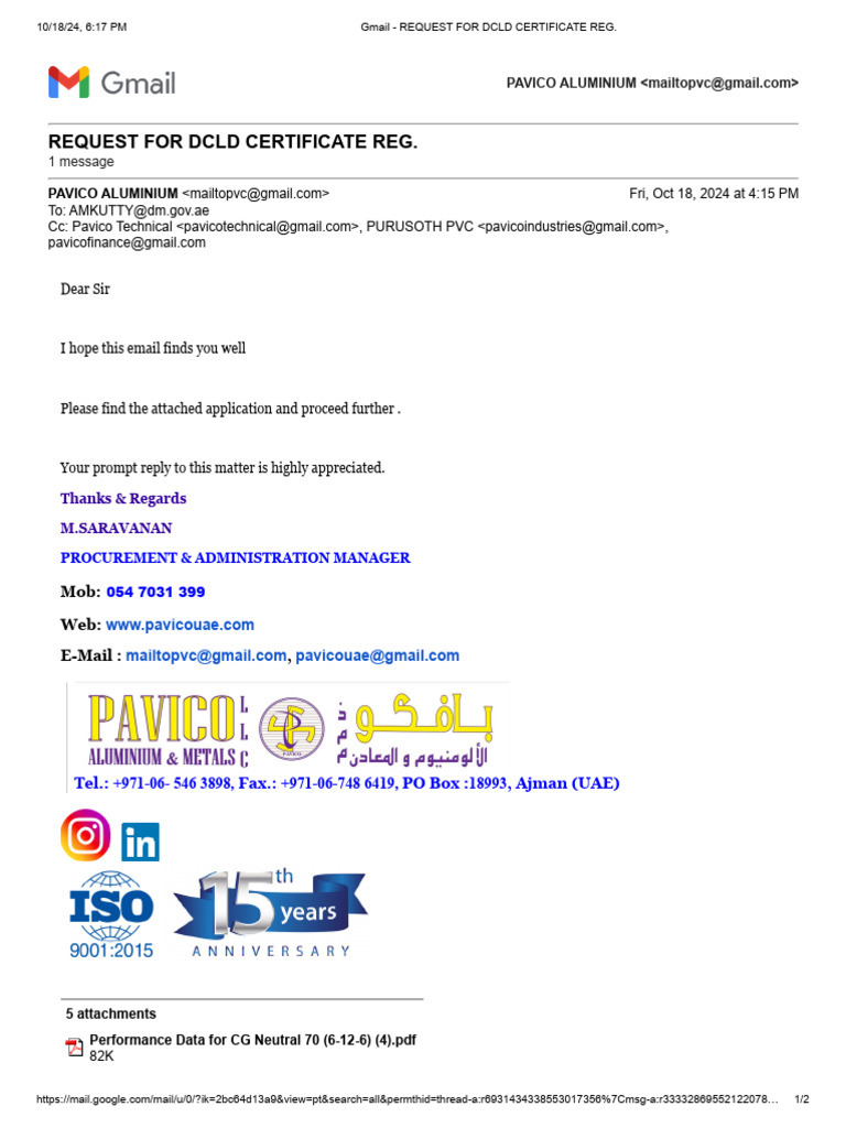 Gmail - Request for Dcld Certificate Reg_18.10.2024-2 (1) | PDF