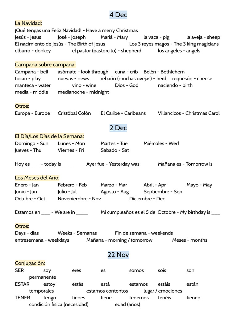 Spanish 1 Class Notes A | PDF | Pelo